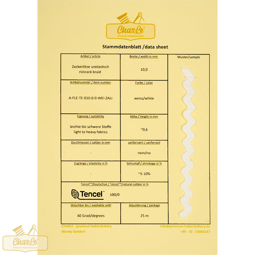 Data sheet Tencel™ Ric rac braid - 10 mm - inelastic - white, 1,00